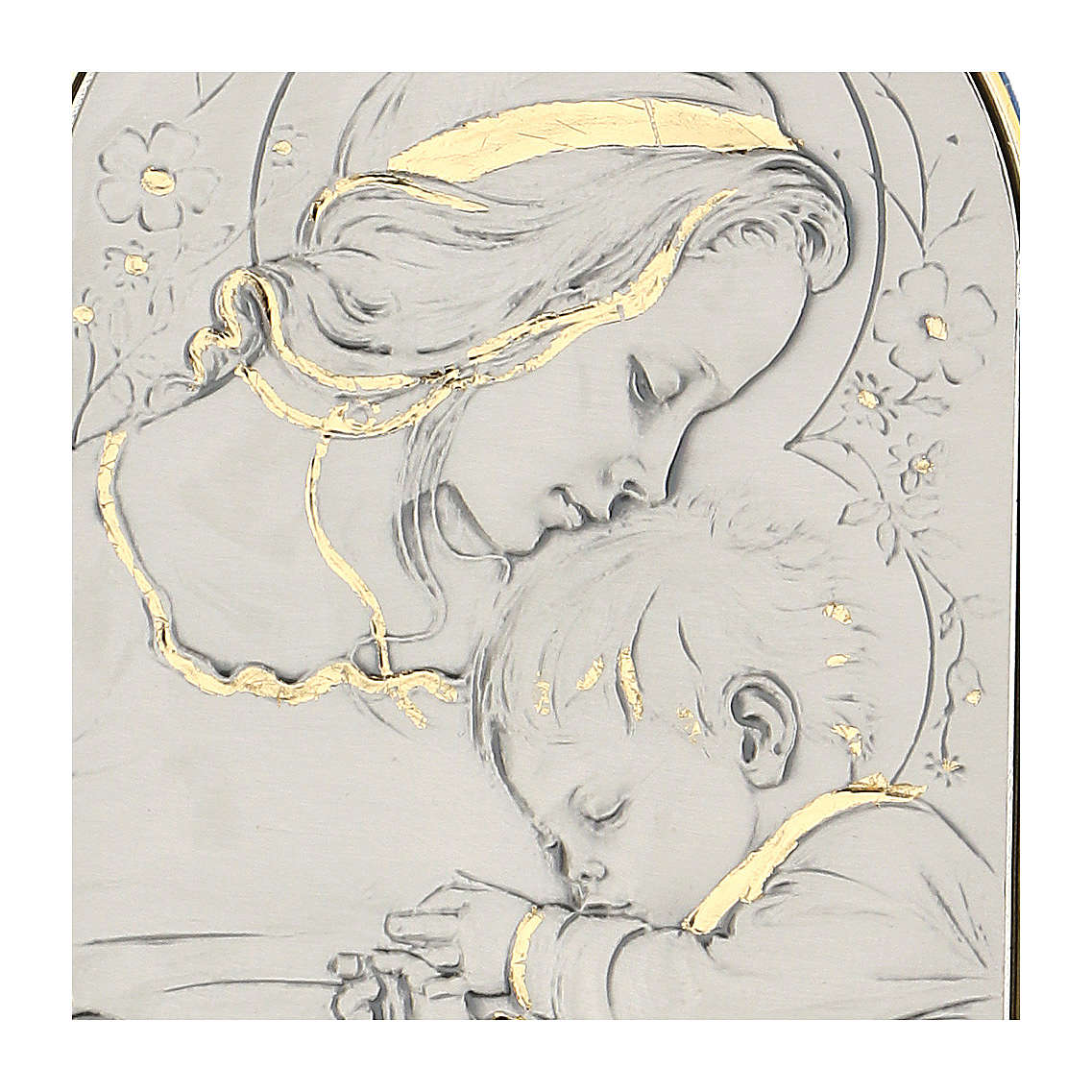 Bas-relief, Virgin Mary, baby Jesus sleeping with flowers, silve ...