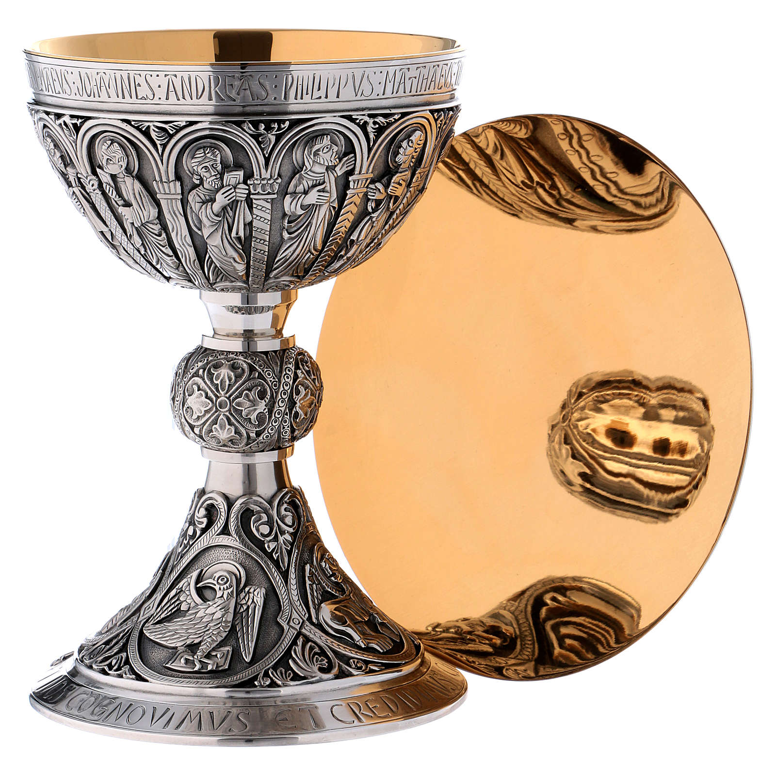 Brass paten and chalice with cup in sterling silver, Romanesque ...