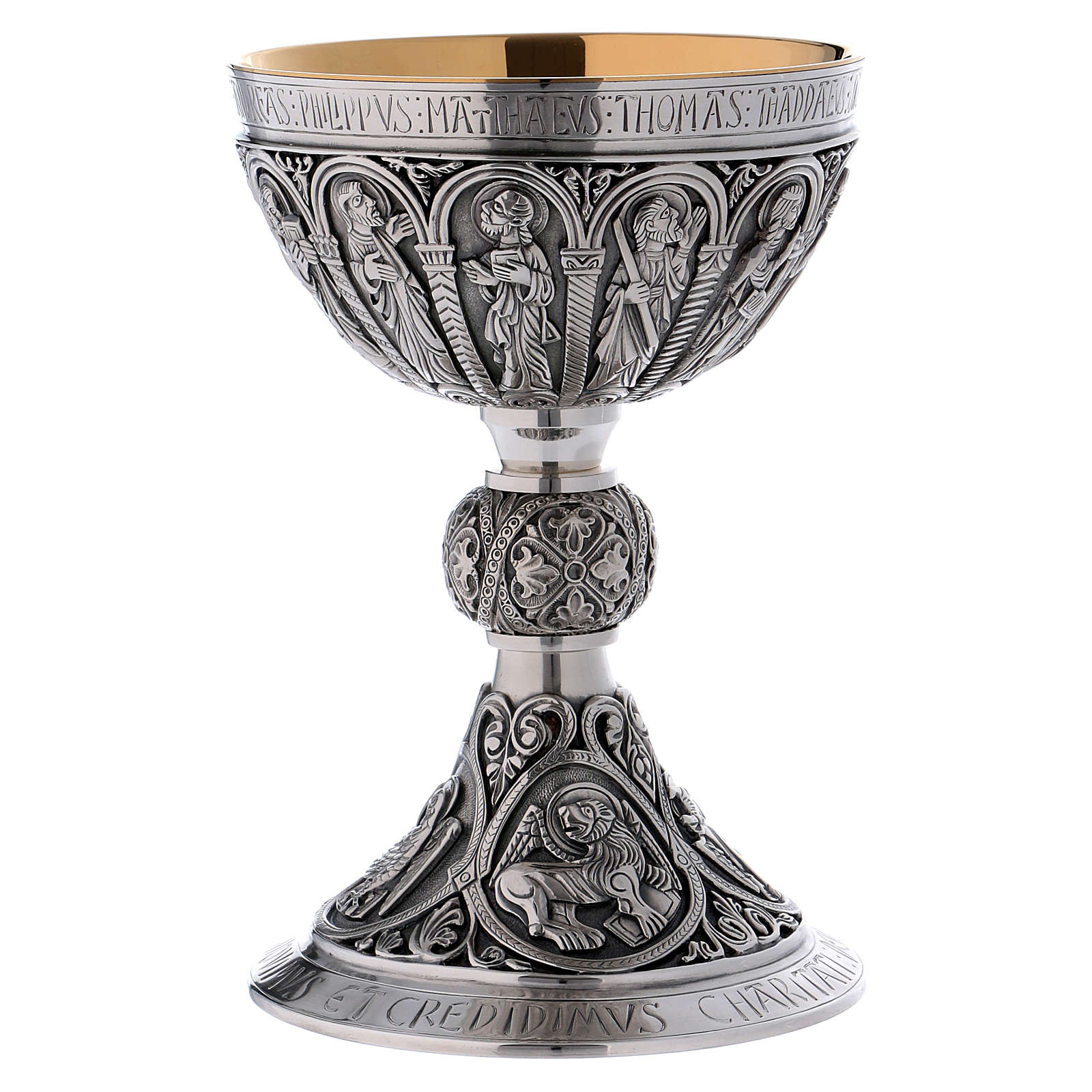 Brass paten and chalice with cup in sterling silver, Romanesque ...