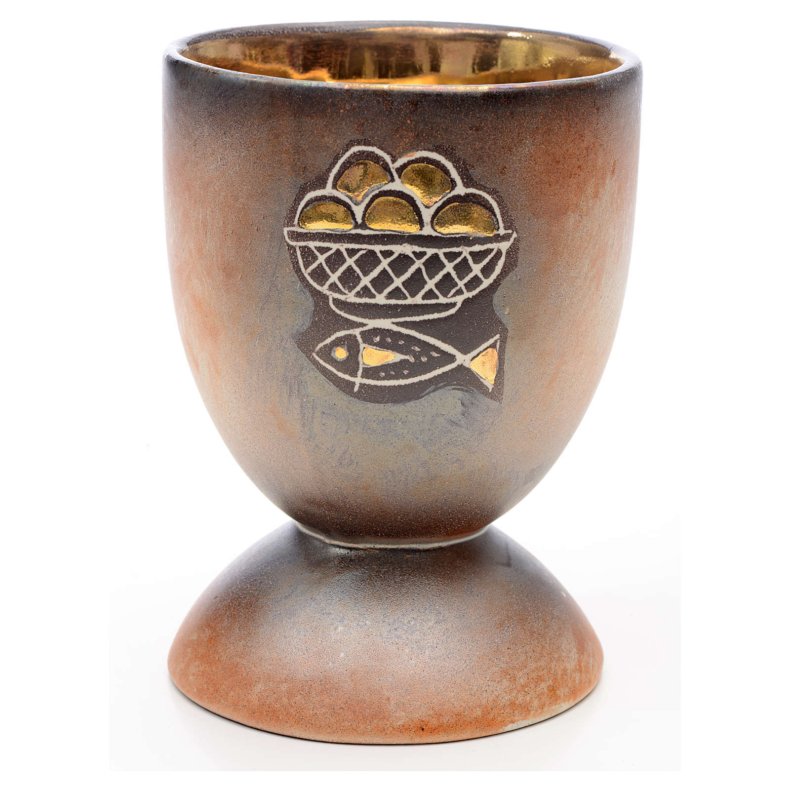 Chalice in ceramic with round foot, fish and loaves, gold inside ...
