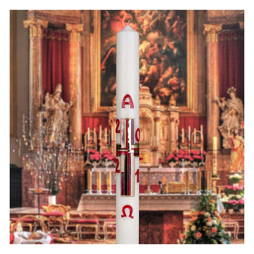 Cierge pascal croix composée or rouge 80x8 cm cire d'abeille | vente en ...