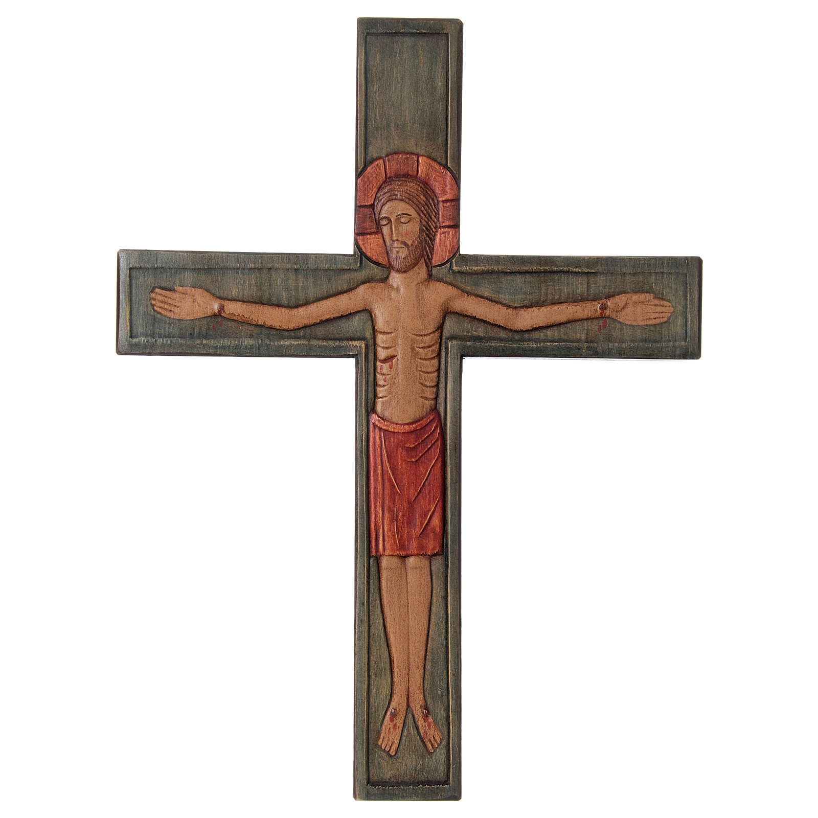 Christ sur la croix relief peint drap rouge | vente en ligne sur HOLYART