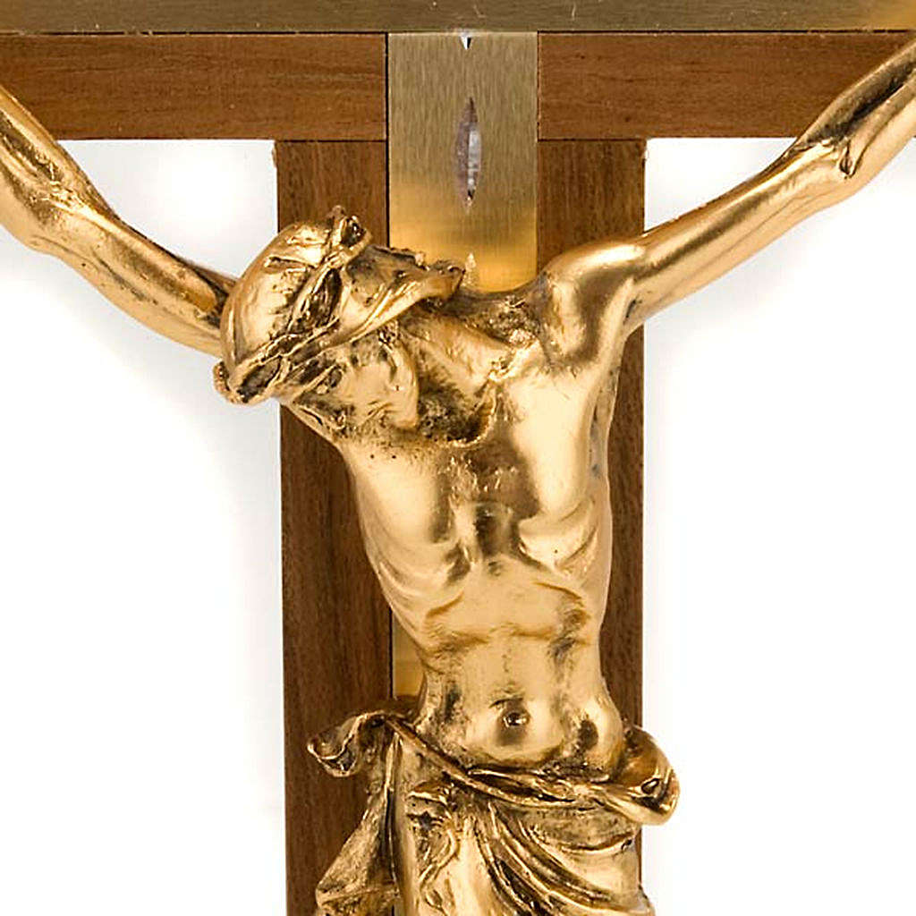 Crucifix in light walnut wood and aluminium with golden metal bo ...