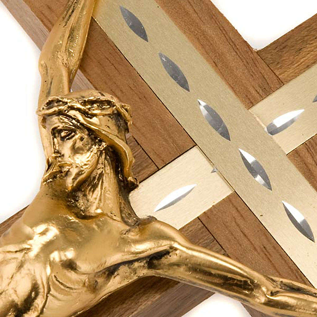 Crucifix in light walnut wood and aluminium with golden metal bo ...
