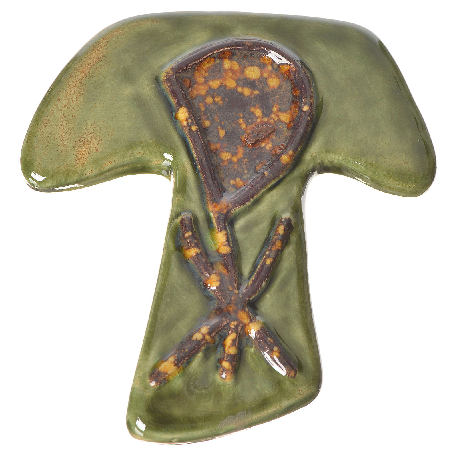 Pottery green tau cross with Chi-Rho. | online sales on HOLYART.co.uk