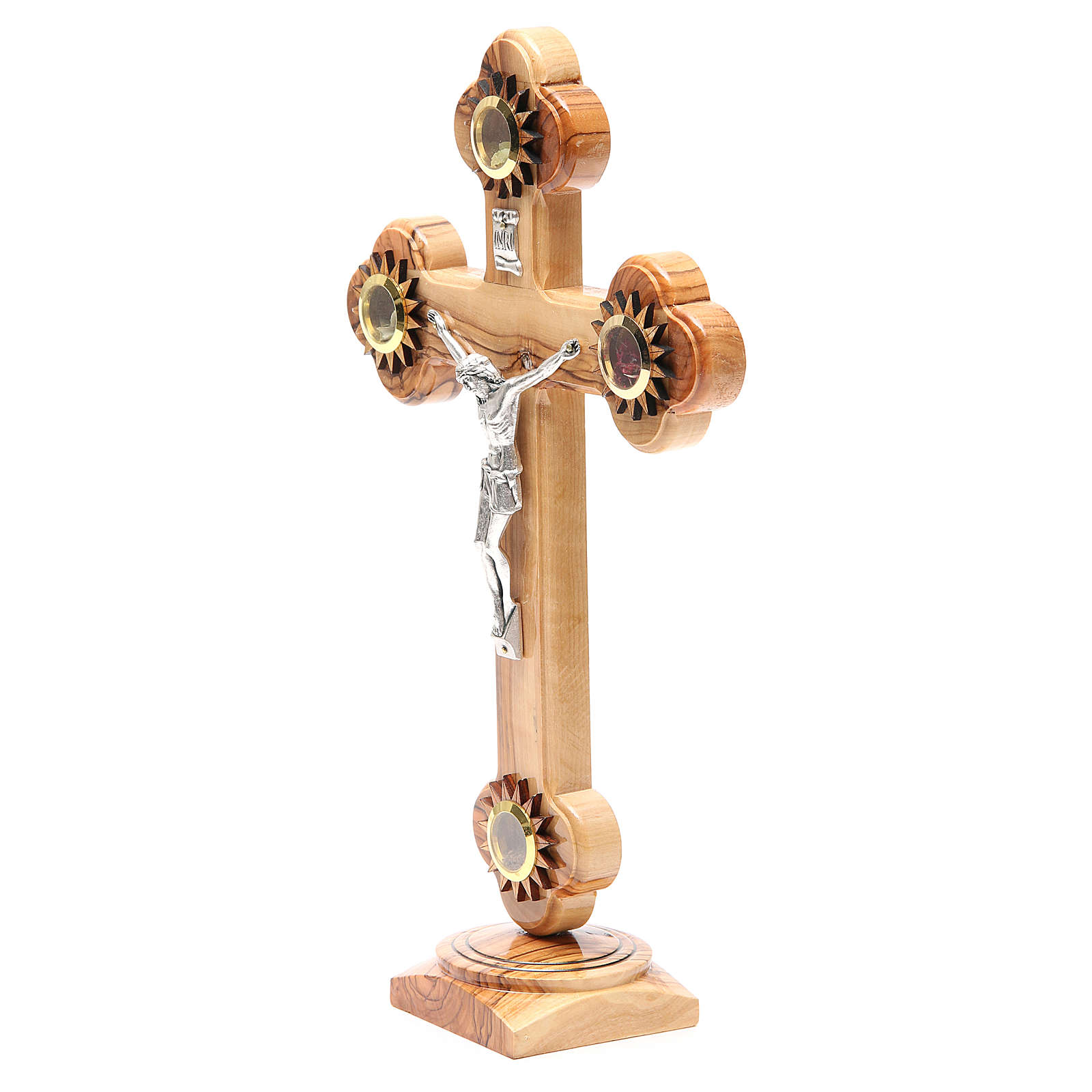 Trefoil Cross with base olive wood Holy Land earth seeds 31cm | online ...