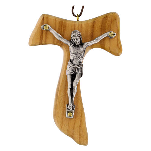 Tau cross in national olivewood with metal body of Christ, 3.5x2.5 in ...