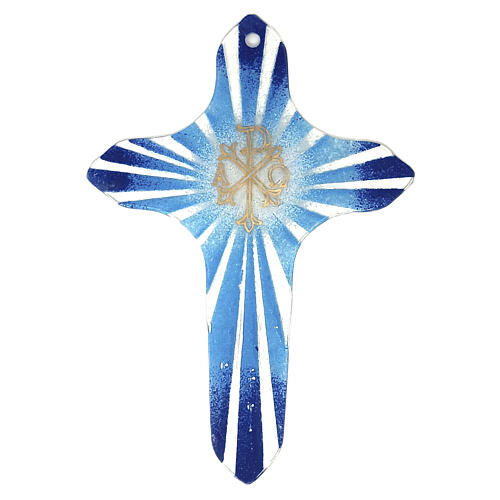 Błękitny krzyż ze szkła Murano z symbolem PAX (Alfa i Omega), 16×15 cm ...