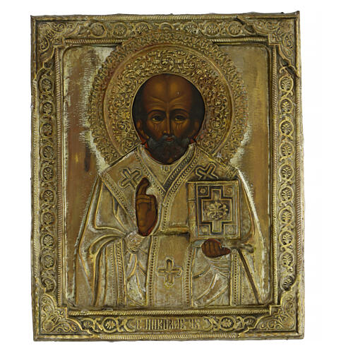 Ancient Russian icon of St Nicholas, bronze, 19th century, 10x9 in | online sales on HOLYART.co.uk
