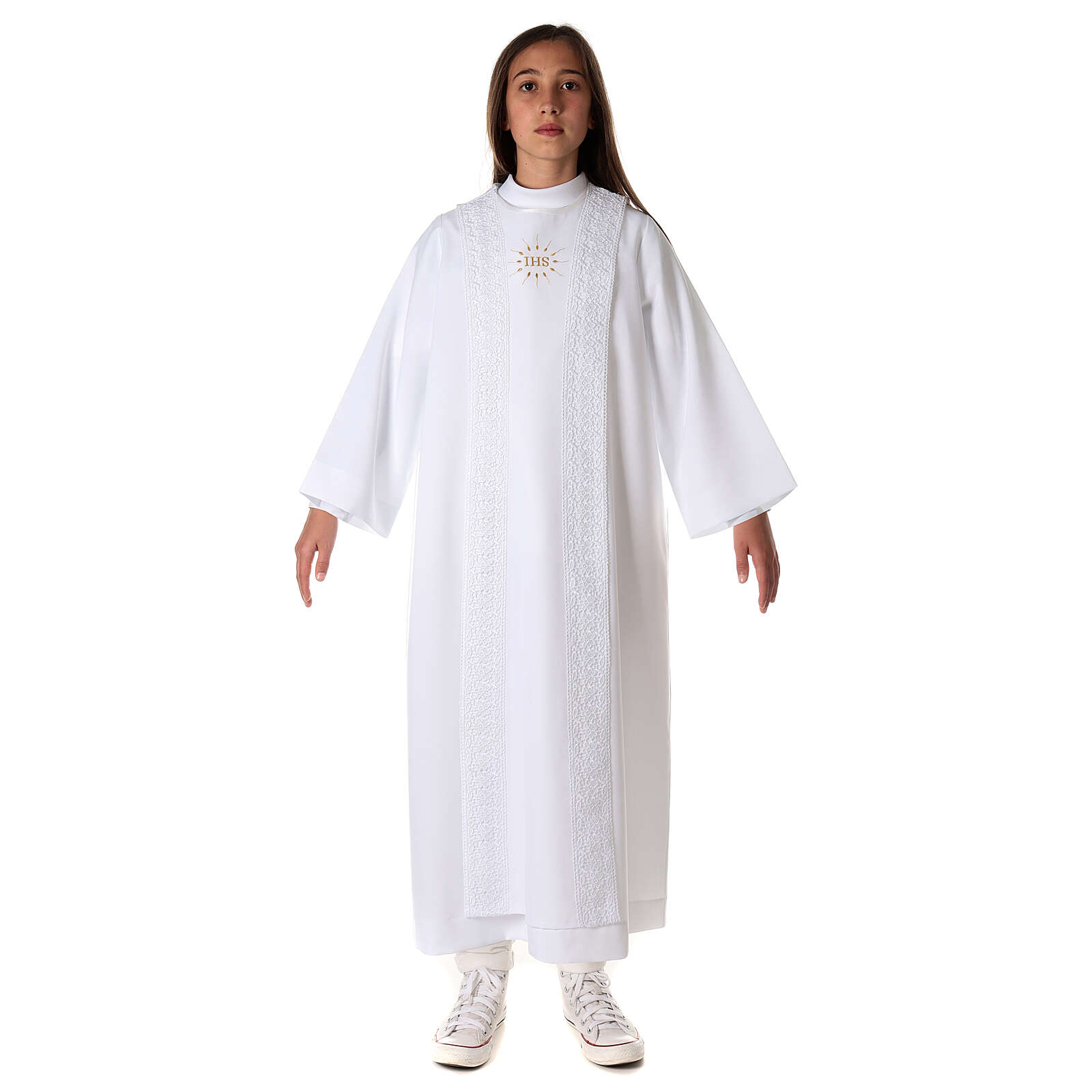 First Communion alb for girl, macramé embroidery | online sales on ...