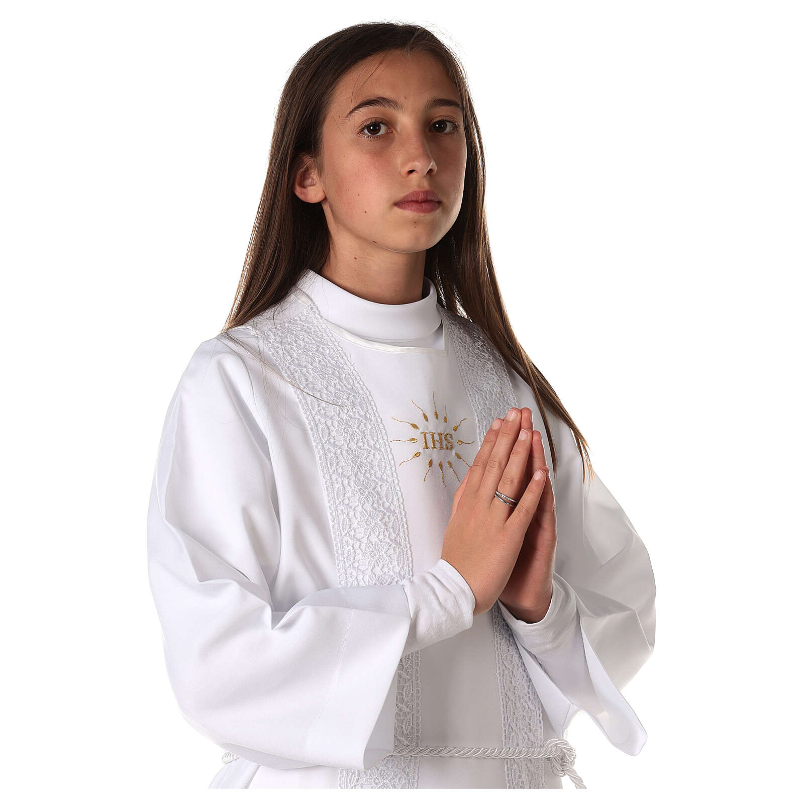 First Communion alb for girl, macramé embroidery | online sales on ...