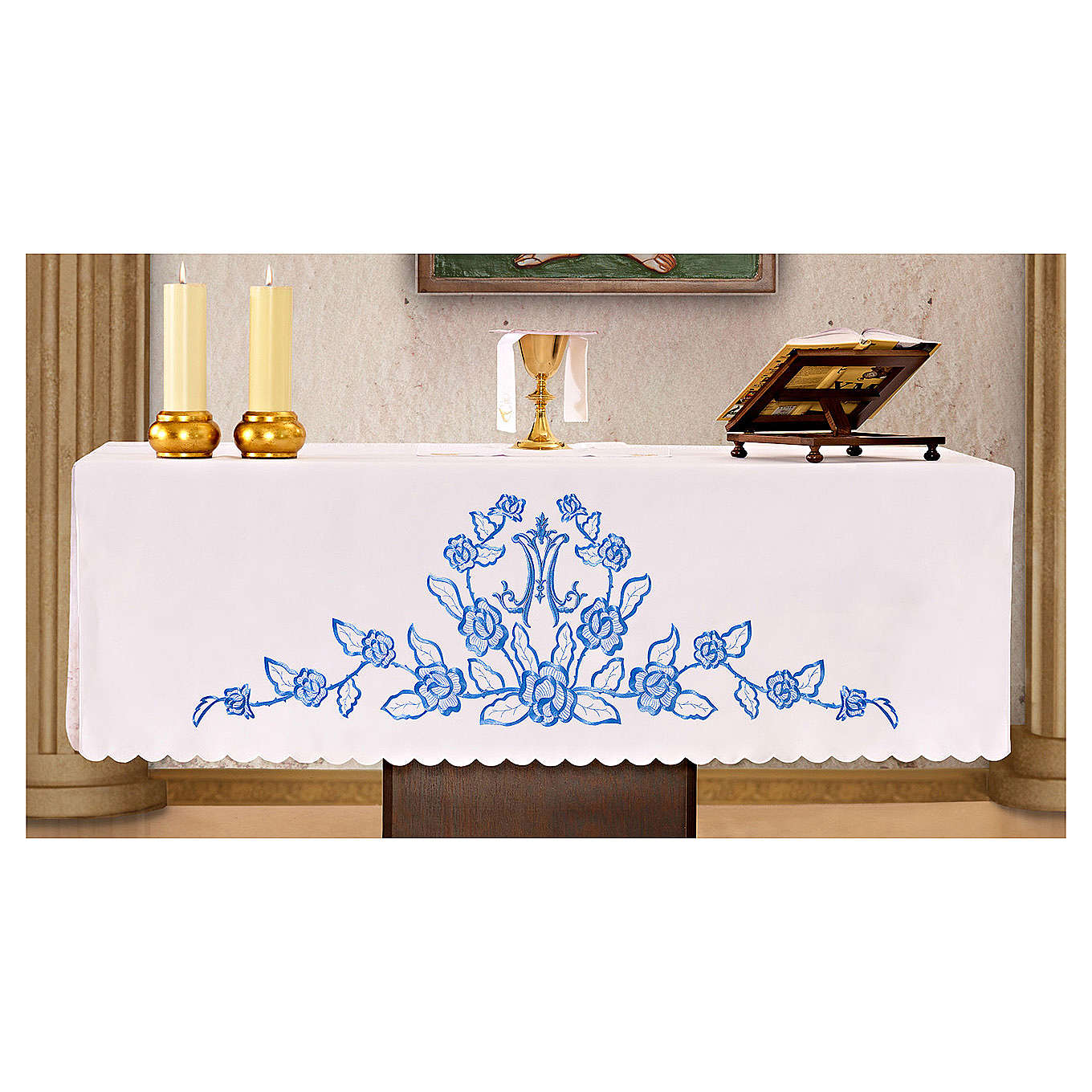 Altar Cloth 165x300cm blue flowers, Marian symbol | online sales on ...