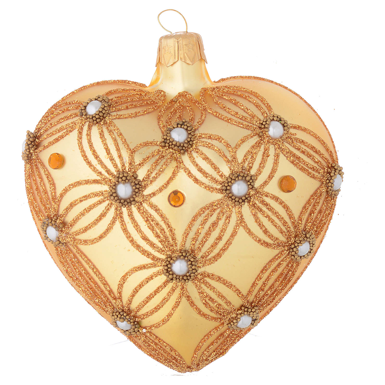 Heart Shaped Christmas Bauble In Gold Blown Glass With Decorations In