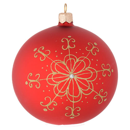 Weihnachtskugel aus mundgeblasenem Glas Grundton Rot mit goldenem ... Weihnachtskugel aus mundgeblasenem Glas Grundton Rot mit goldenem ...