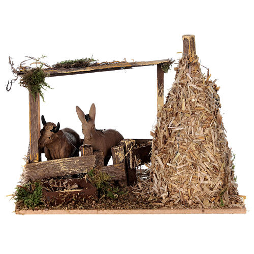 Nativity setting, fence with donkey and straw stack 11x15x10cm | online ...
