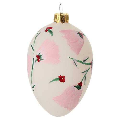 Egg-shaped ball with pink flowers, opaque white blown glass, 4x2.5 in ...