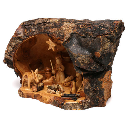 Olive wood Nativity Scene in irregular stable 20x30x20 cm, Bethlehem ...