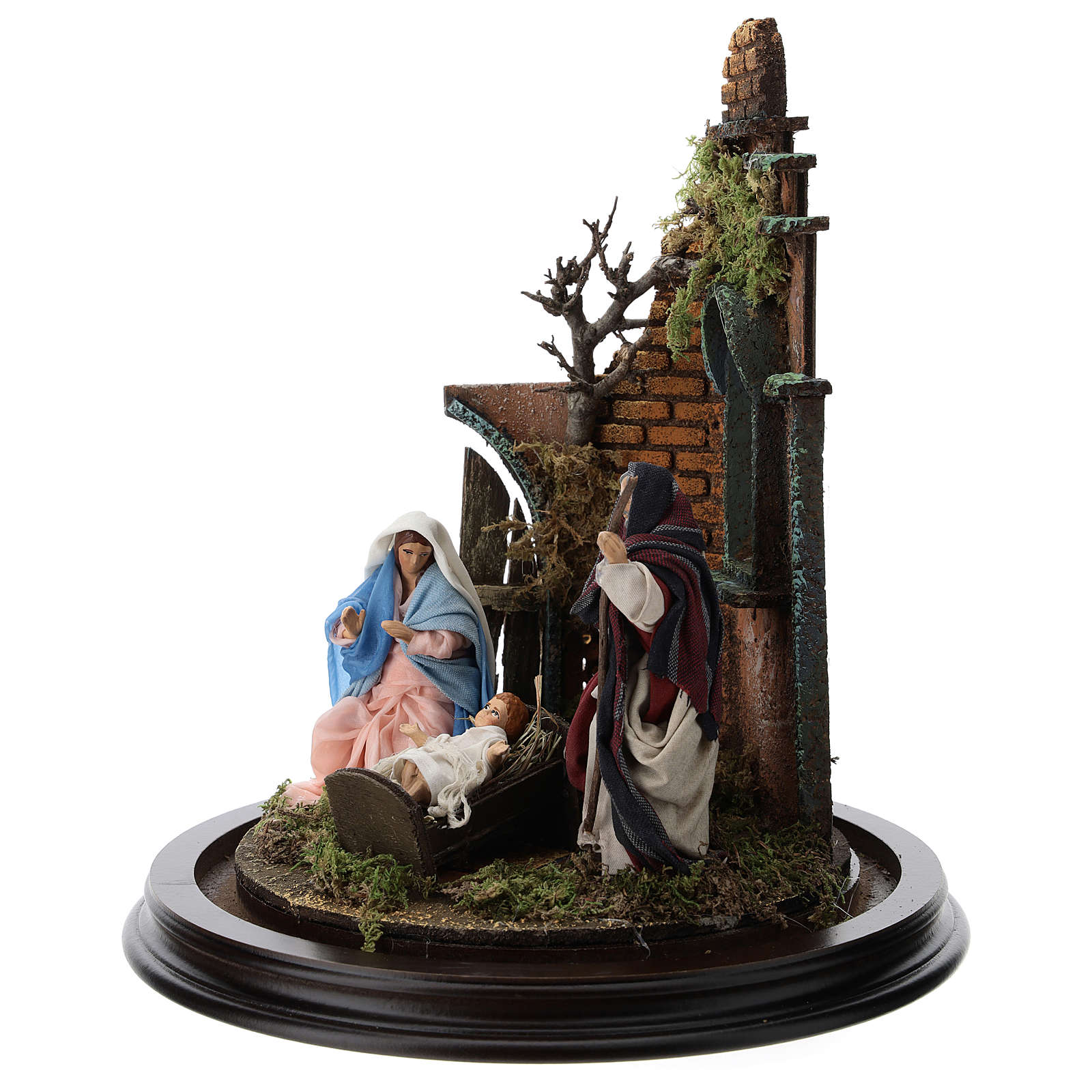 Scena natività presepe napoletano su base legno e cupola di vetro ...