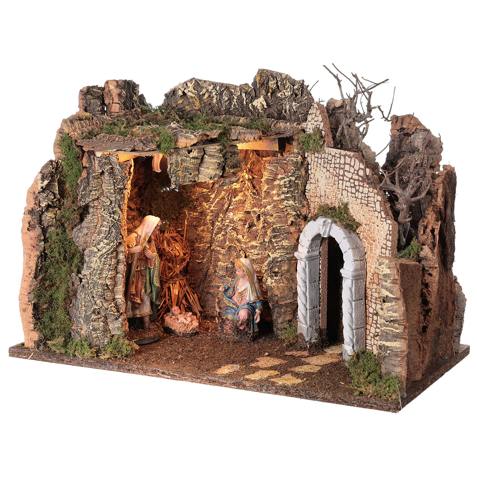 Nativity grotto with Holy Family illuminated ruin arch | online sales ...