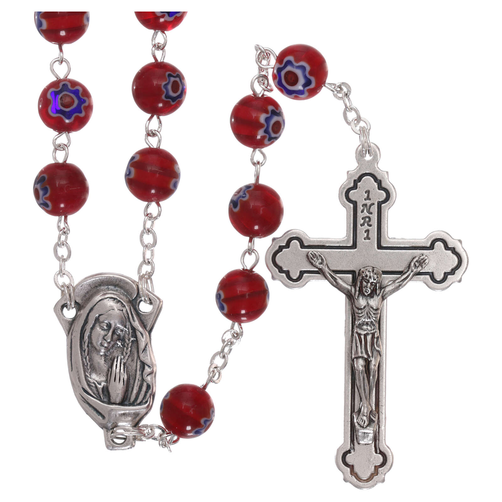 Glass rosary with red beads with floral pattern and stripes | online ...