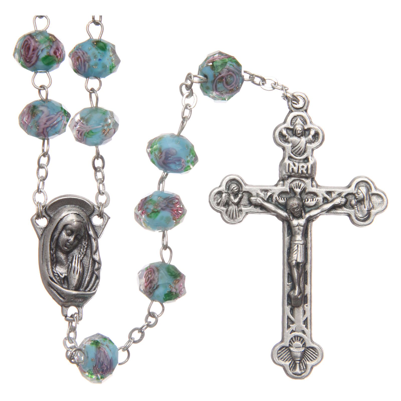 Glass rosary light blue beads with roses 9 mm | online sales on HOLYART.com
