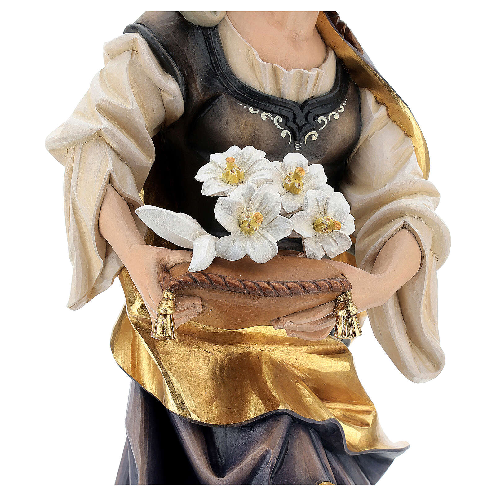 Saint Silvia Statue with Lilies wood painted Val Gardena | online sales ...
