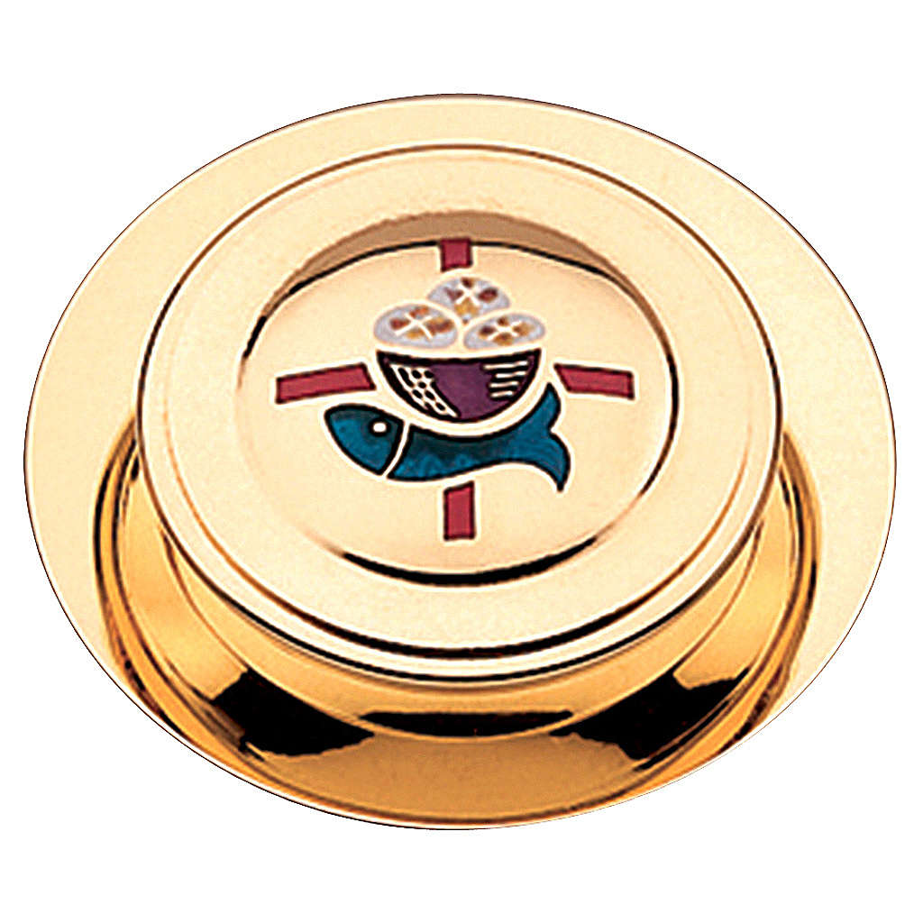 Pyx for hosts in golden brass with enamel Fishes and Loaves 10.5cm ...