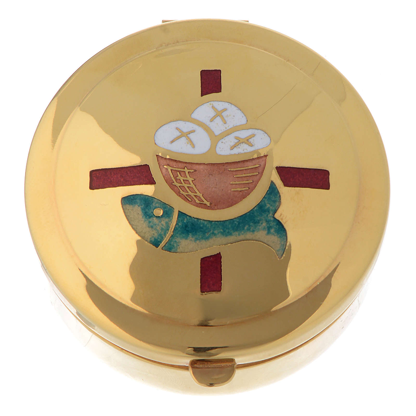 Modern Pyx for hosts in golden brass with Fishes and Loaves in red ...