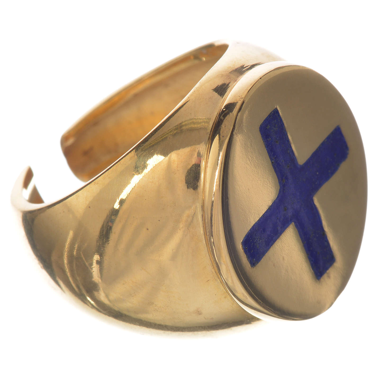 Bishop's ring in gold-plated sterling silver, cross in blue enamel ...