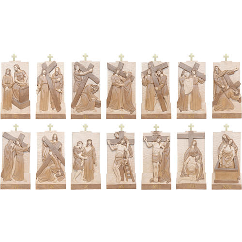 Chemin de croix 14 stations 40x20 cm bois patiné multinuance Valgardena ...